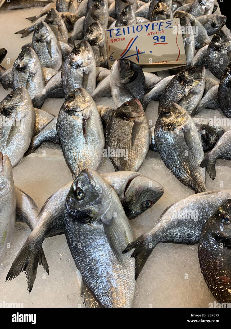 Fish display at food market in Athens Stock Photo - Alamy