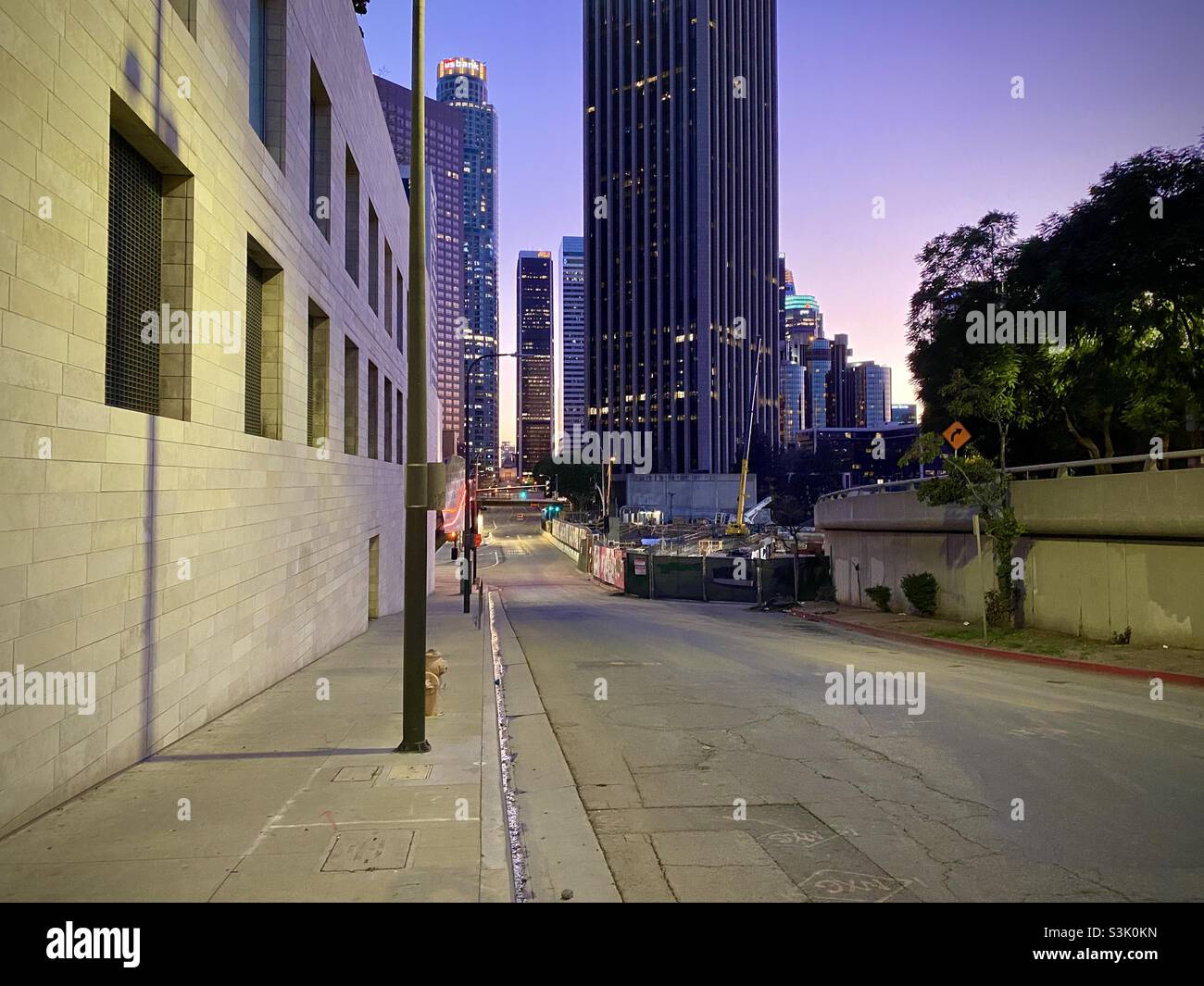 LOS ANGELES, CA, JAN 2021: empty street in Downtown at dusk with ...