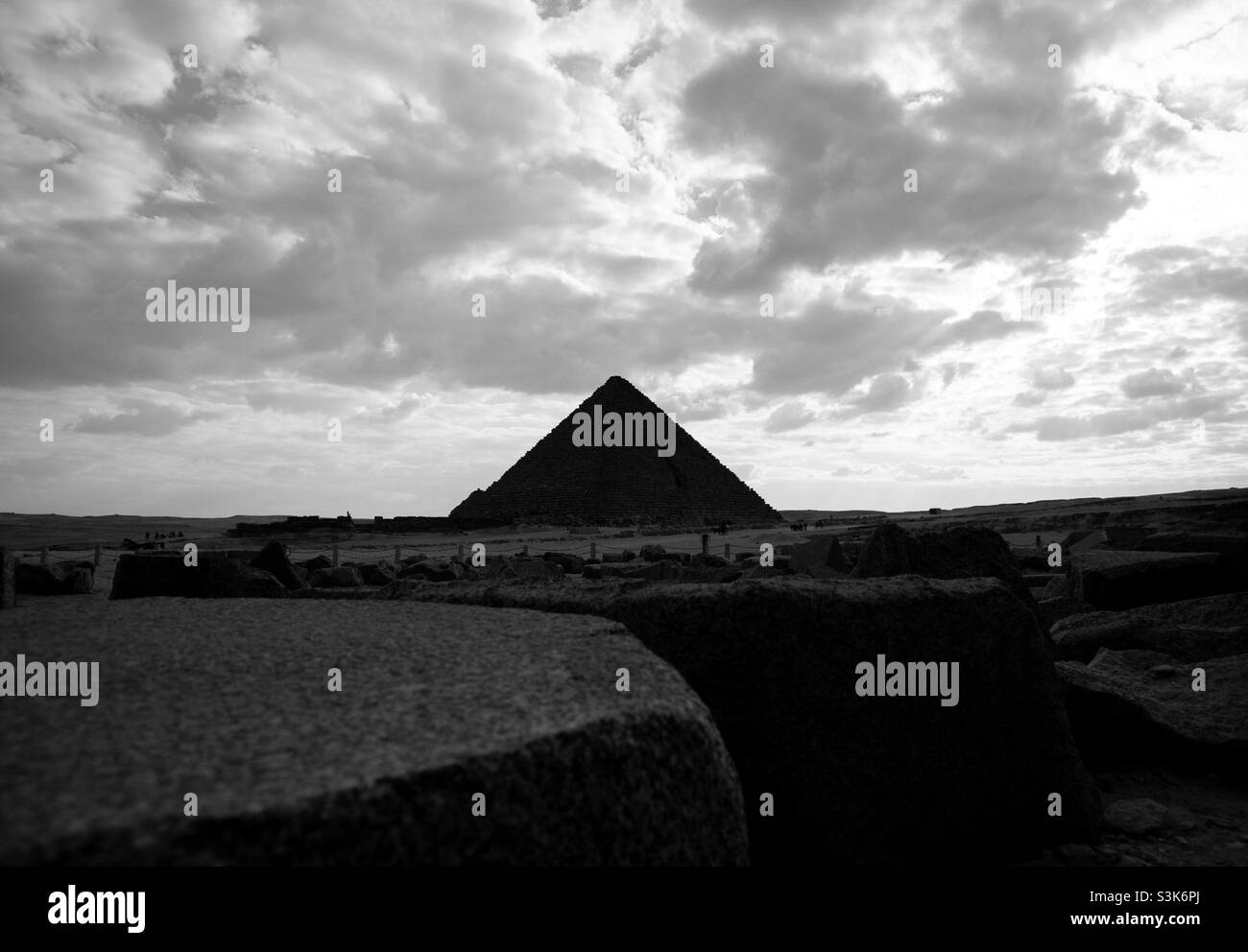 one of the Egyptian Pyramids from a distance in black and white Stock ...
