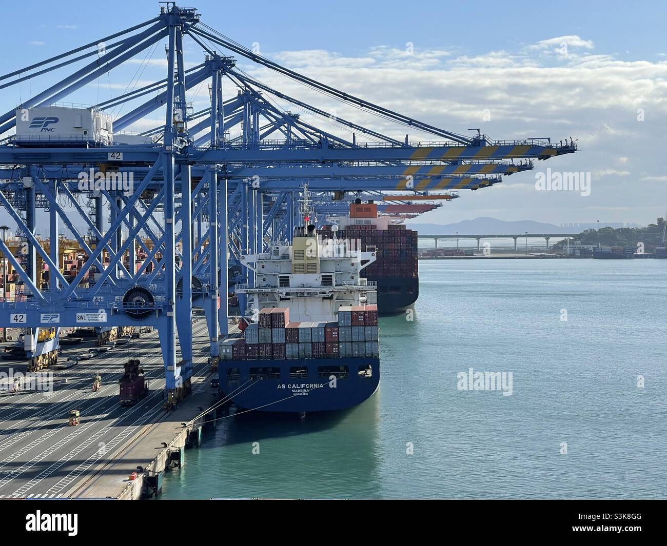 Busan New Port, South Korea container Terminal with gantry cranes and ...