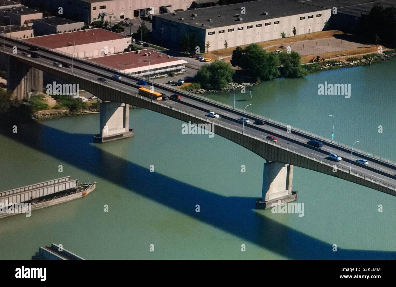 Vancouver, British Columbia, busy bridge, Fraser River, aero ...