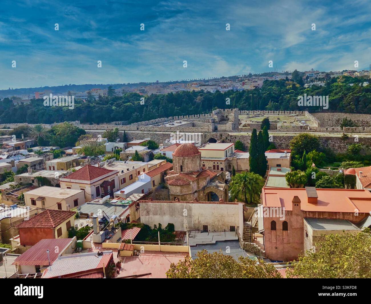 Rhodes old town view with ancient city walls and old Church, Greece ...