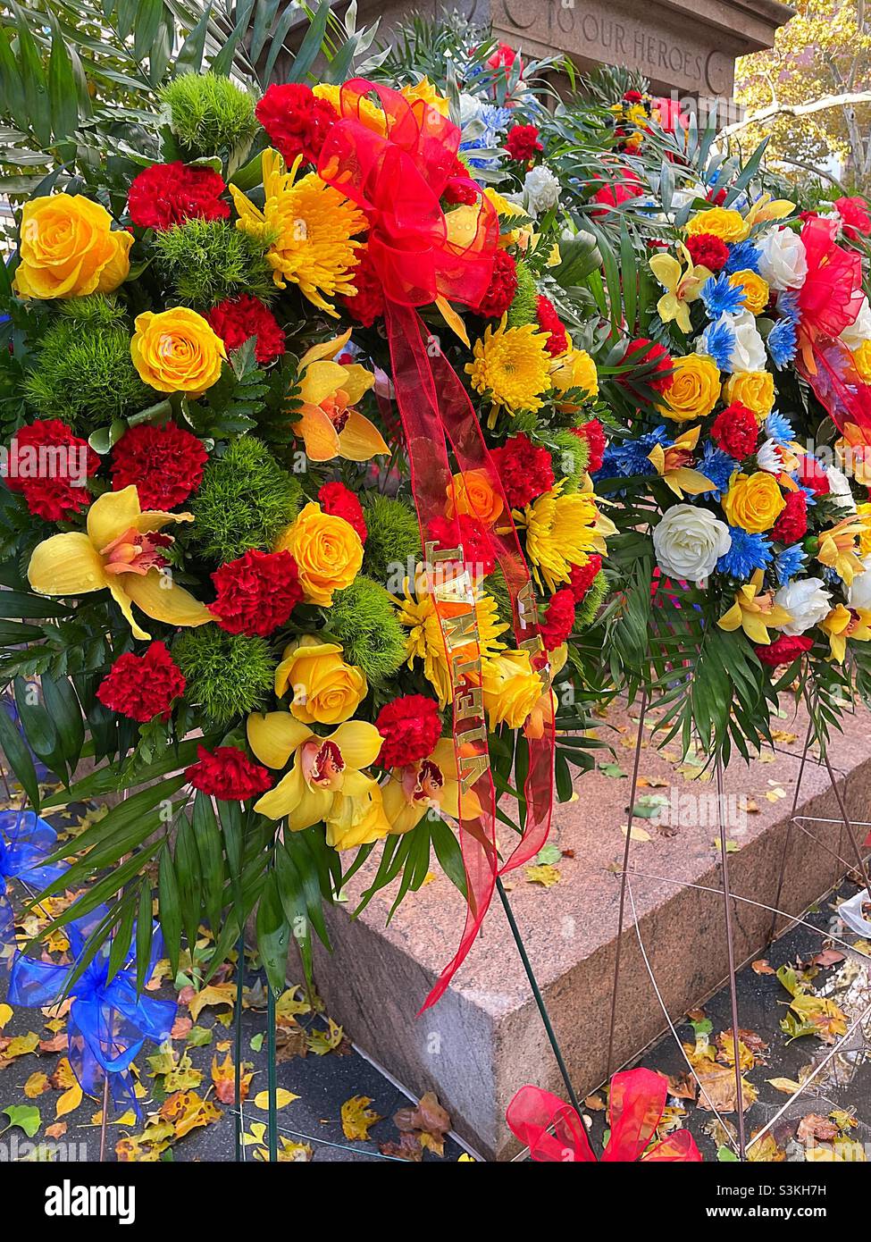 Close up of Memorial wreaths in Madison Square, Park on Veterans Day ...