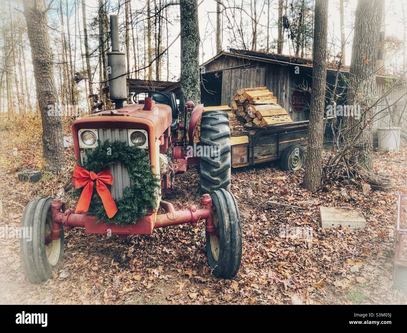 Vignetted photo of red vintage tractor with Christmas wreath, trailer ...