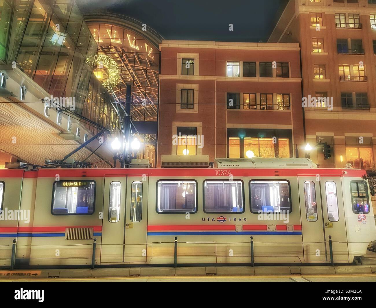 UTA (Utah Transit Authority) Trax train stops along Main Street in ...
