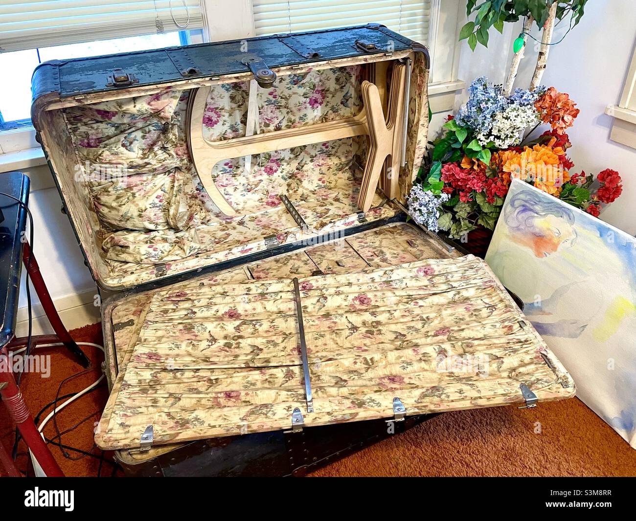 Inside old travelling steamer trunk Stock Photo - Alamy