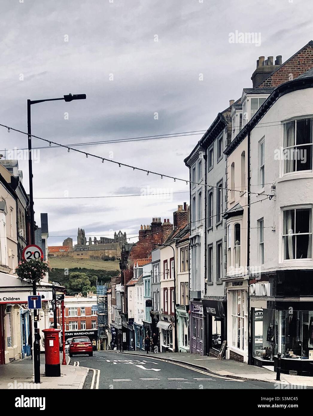Street view of Whitby, Yorkshire, United Kingdom. Traditional English ...
