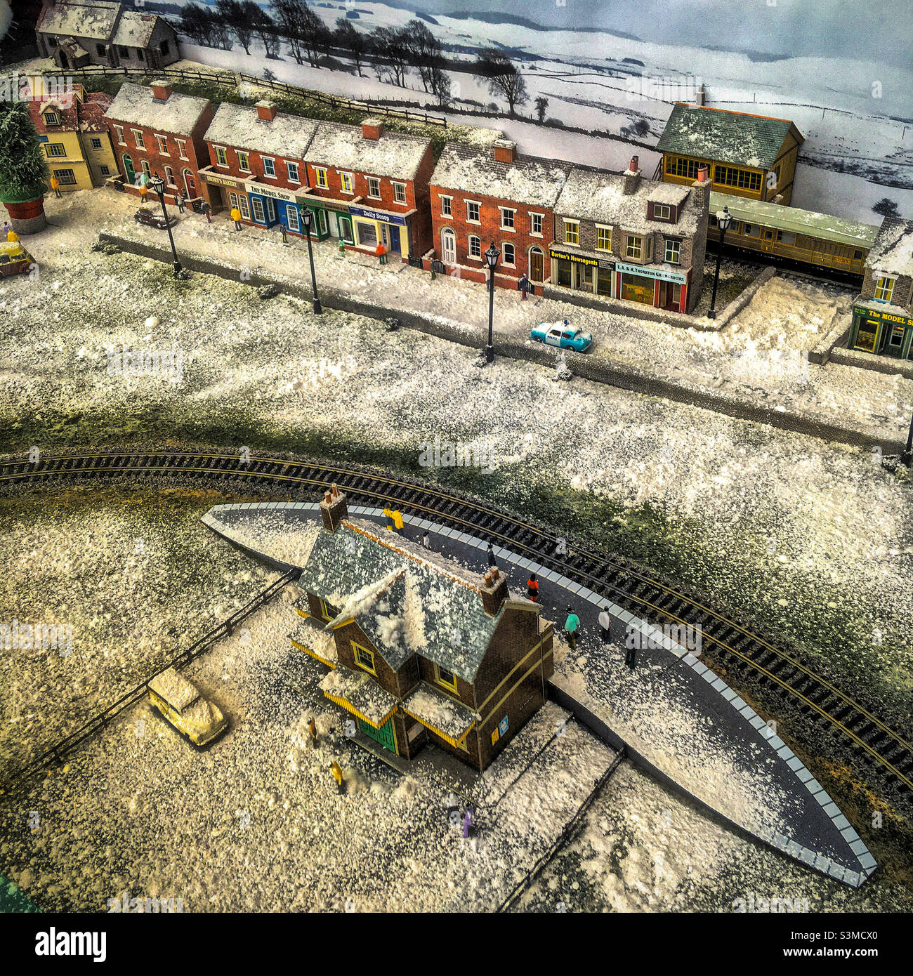 Aerial view of a Model Railway Winter Snow Scene Stock Photo - Alamy