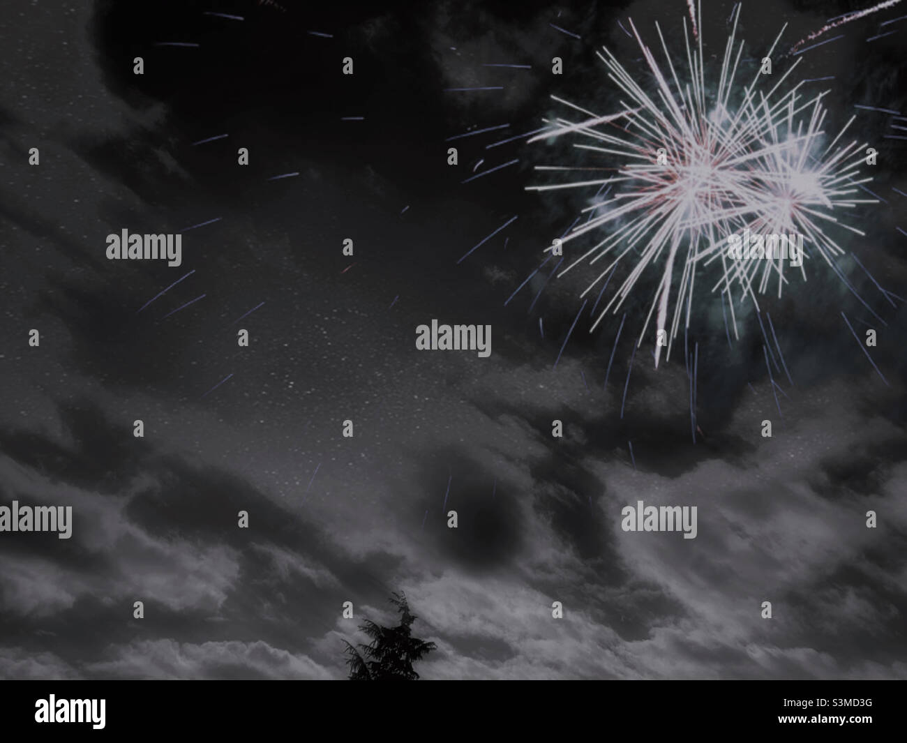 The fireworks on the big and colorless sky that is on the right top ...