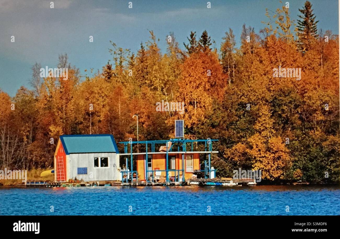 Floating summer cabin, autumn colours, fall, forest, lakeside ...