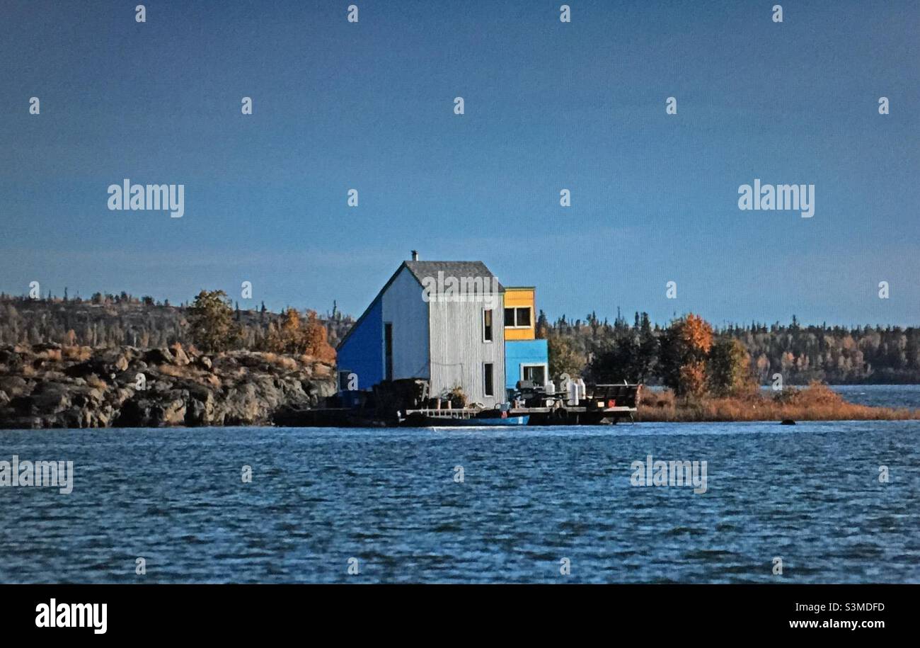 Floating summer cabin, autumn colours, fall, forest, lakeside ...