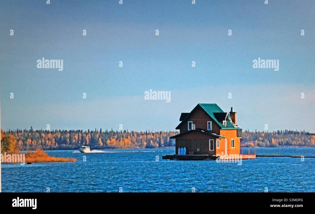 Floating summer cabin, autumn colours, fall, forest, lakeside ...