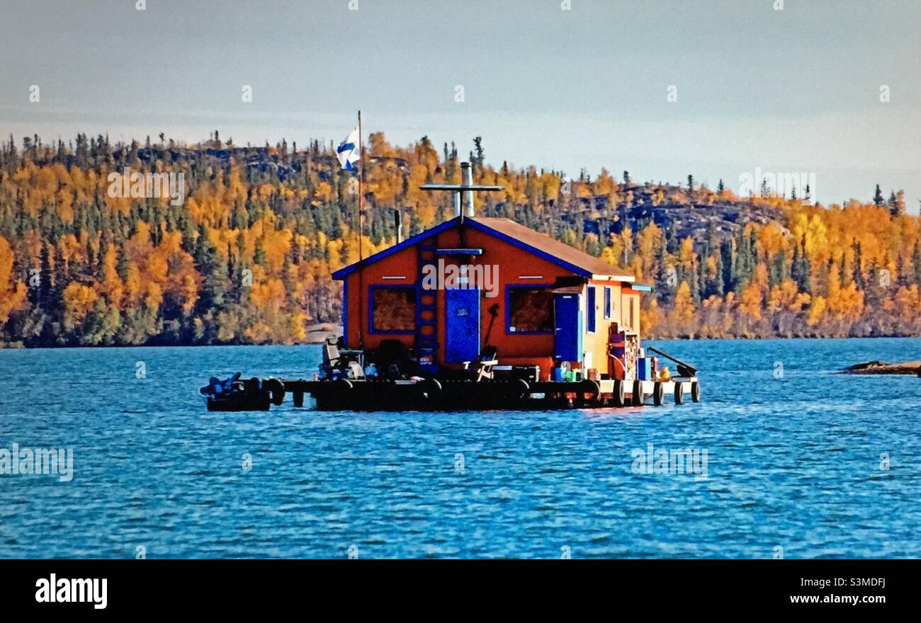 Floating summer cabin, autumn colours, fall, forest, lakeside ...