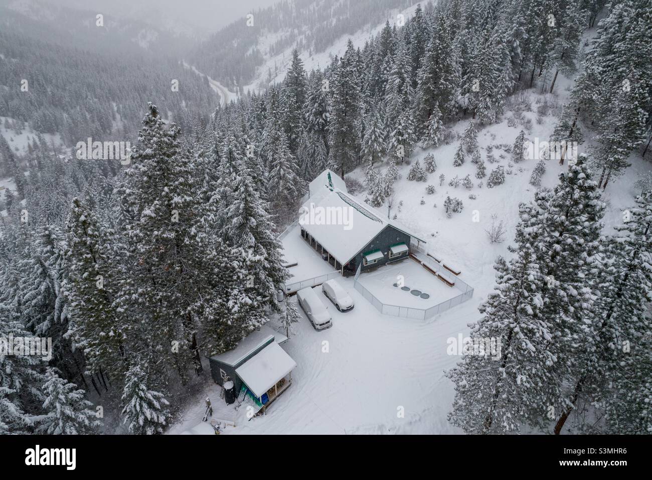Aerial view of a winter Chalet Stock Photo - Alamy