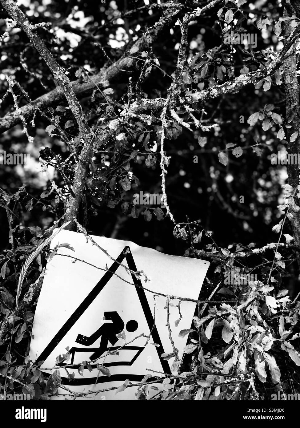 danger warning sign of falling man fall bramble bush Stock Photo - Alamy