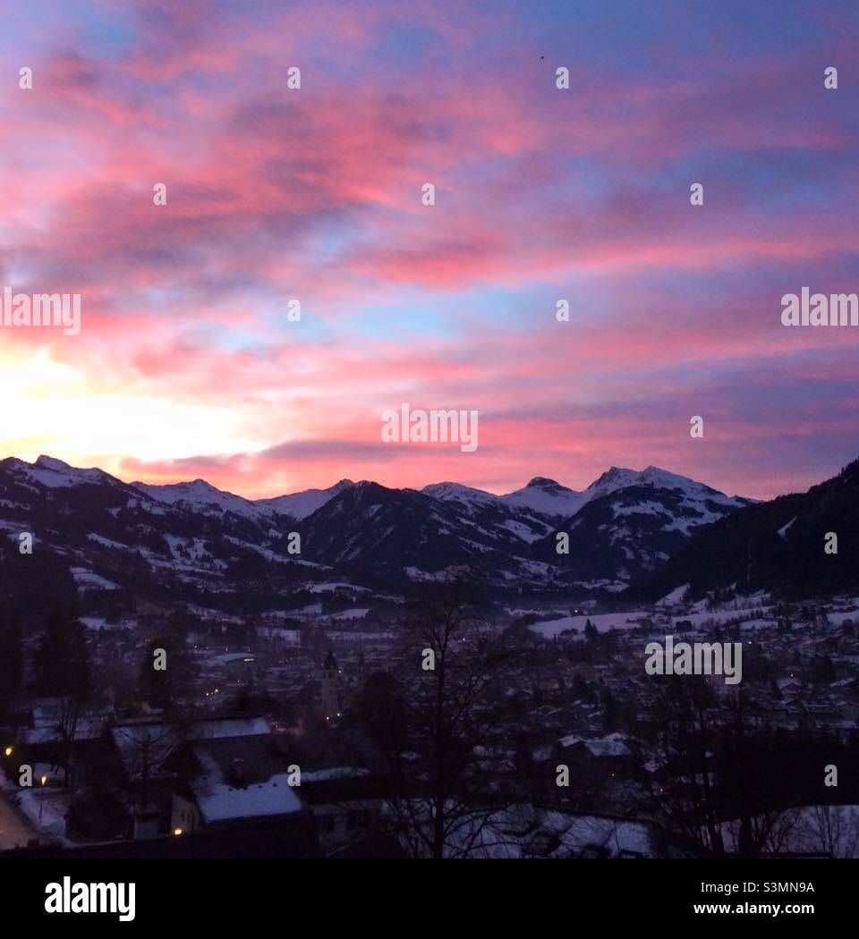 Austria Sunrise Alps Mountains pink sky snow Stock Photo - Alamy