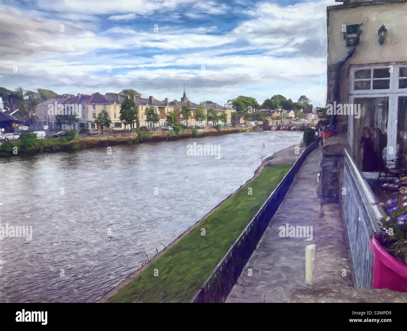 Landscape of urban Ballina Ireland along the River Moy. Digital art ...