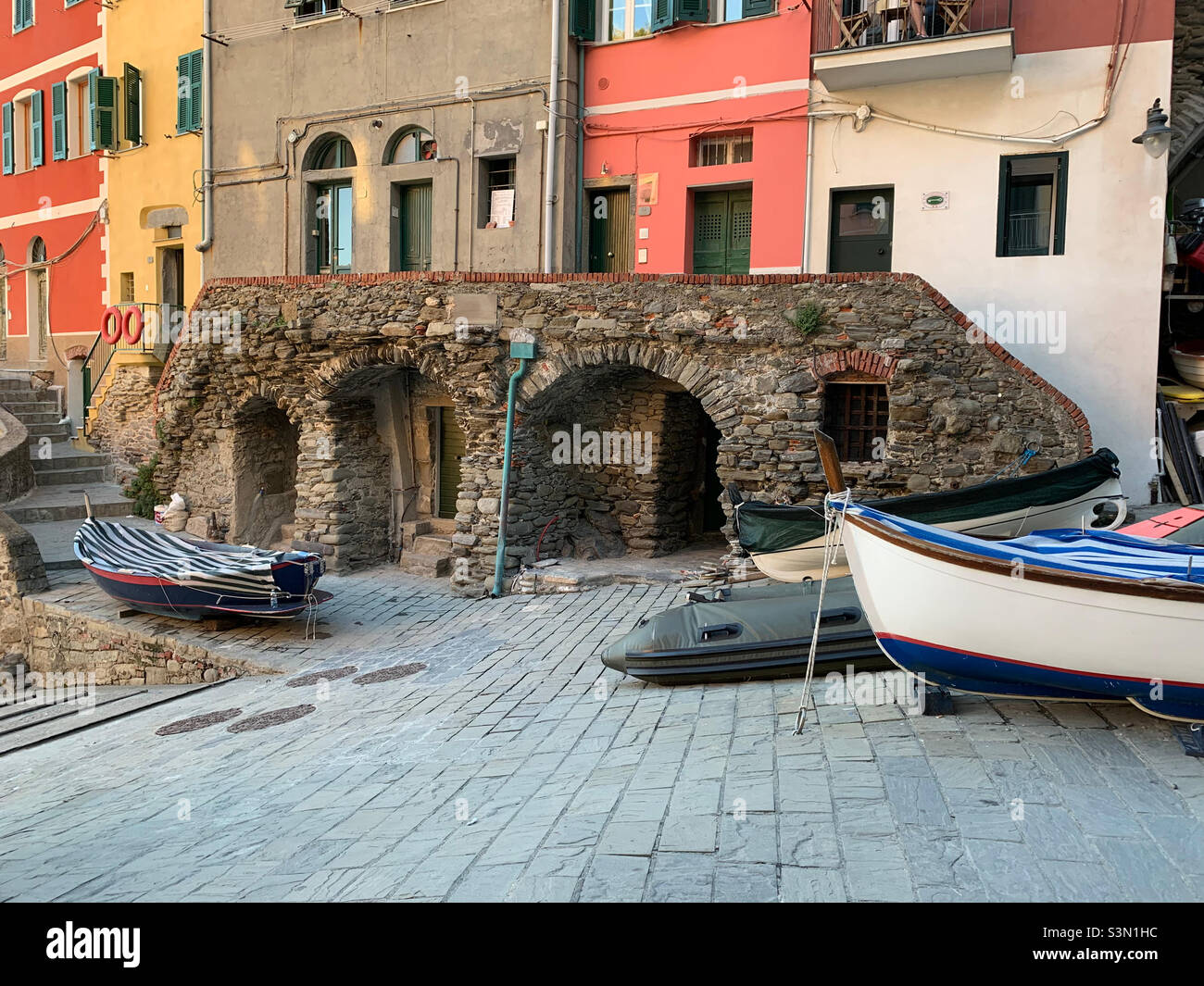 Medieval harbour buildings at Cinque Terre, Italy Stock Photo - Alamy