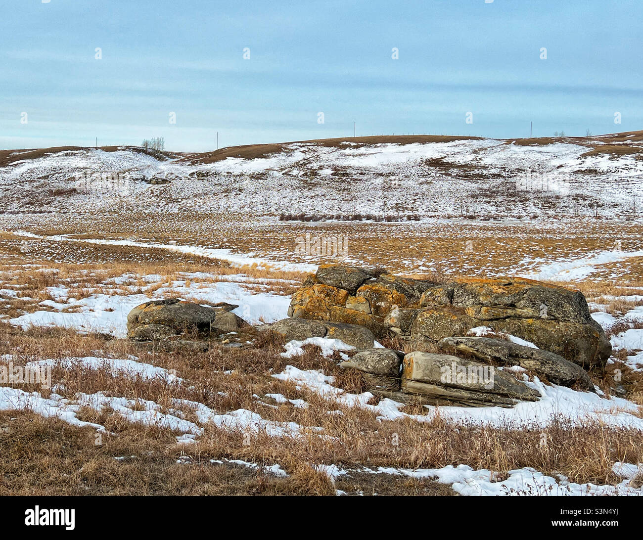 Winter landscape in the foothills, with glacial erratic rock. Near ...