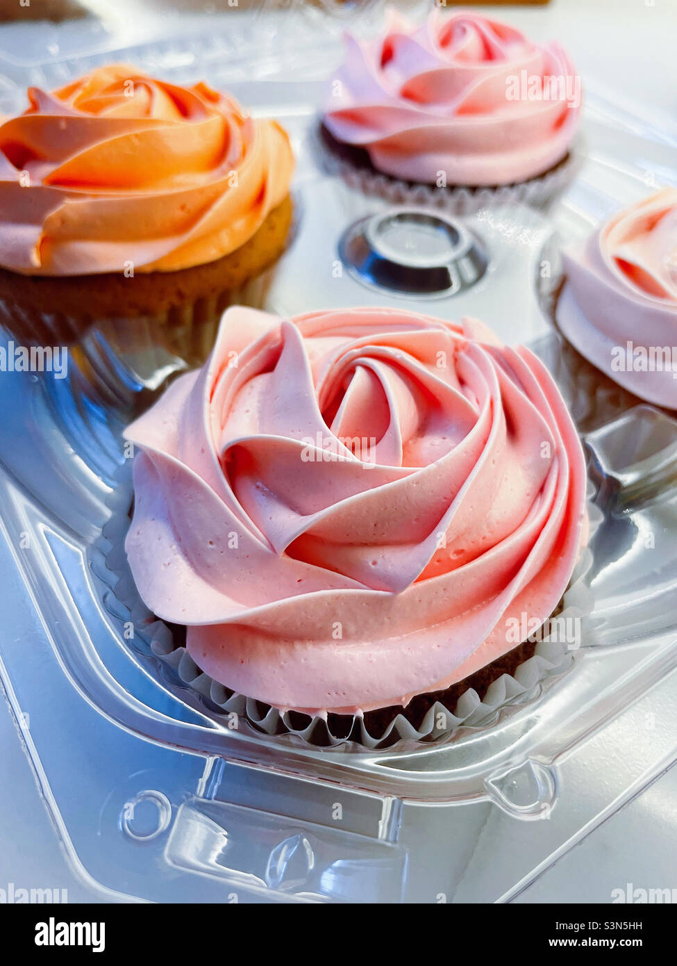 Cupcakes decorated in pink icing to look like roses, 2022, United ...