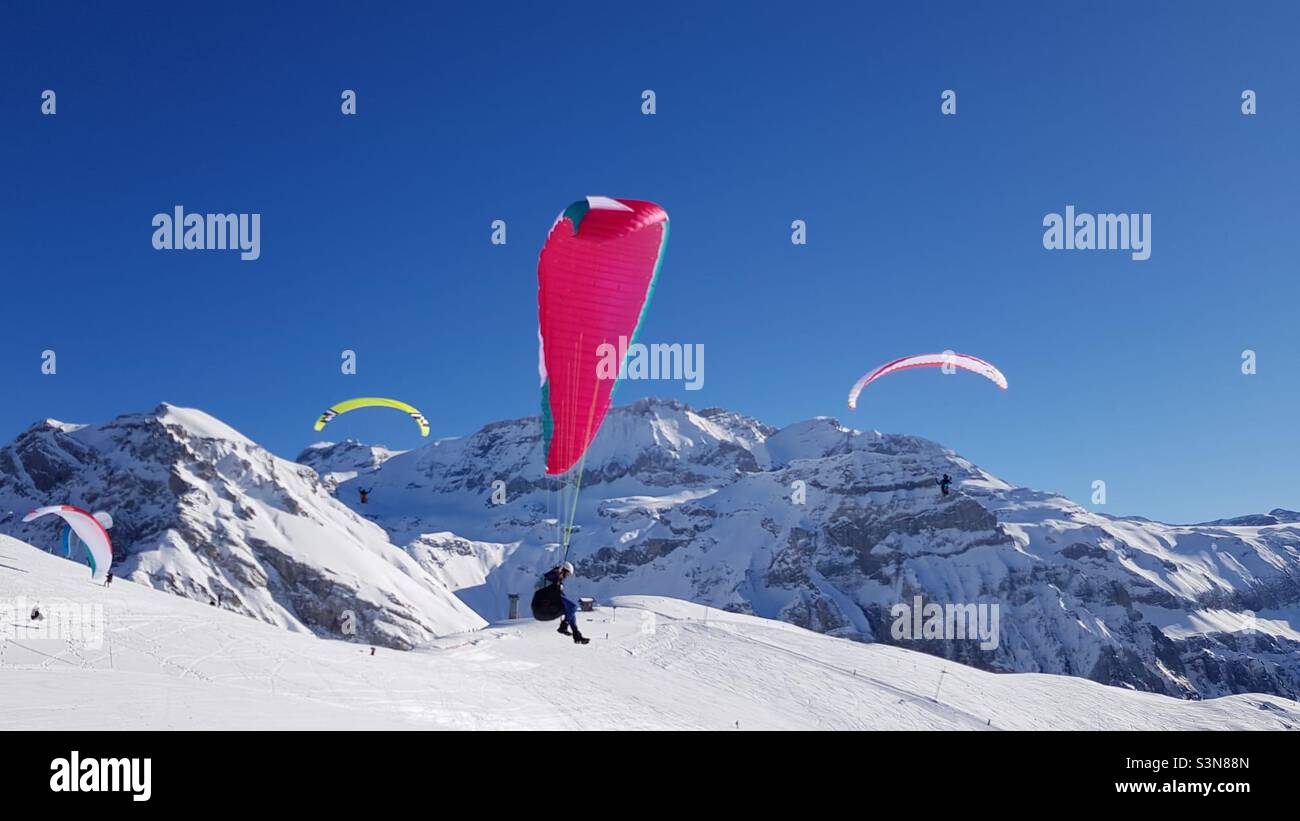 Parasailing on Metschstand, Winter, Adelboden-Lenk skiresort, Bernese ...