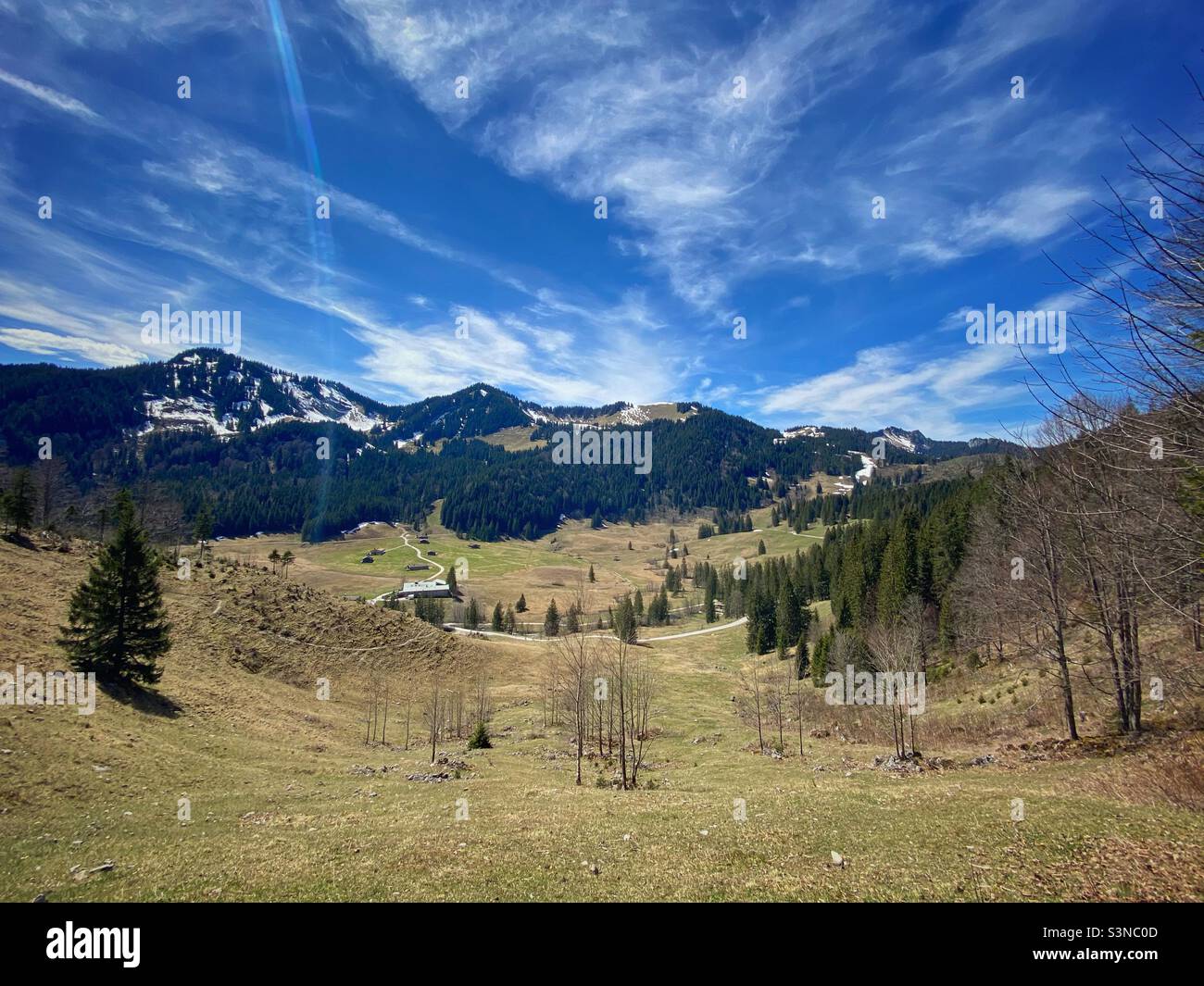 Landscape with green alpine meadows and snowcapped mountains in ...