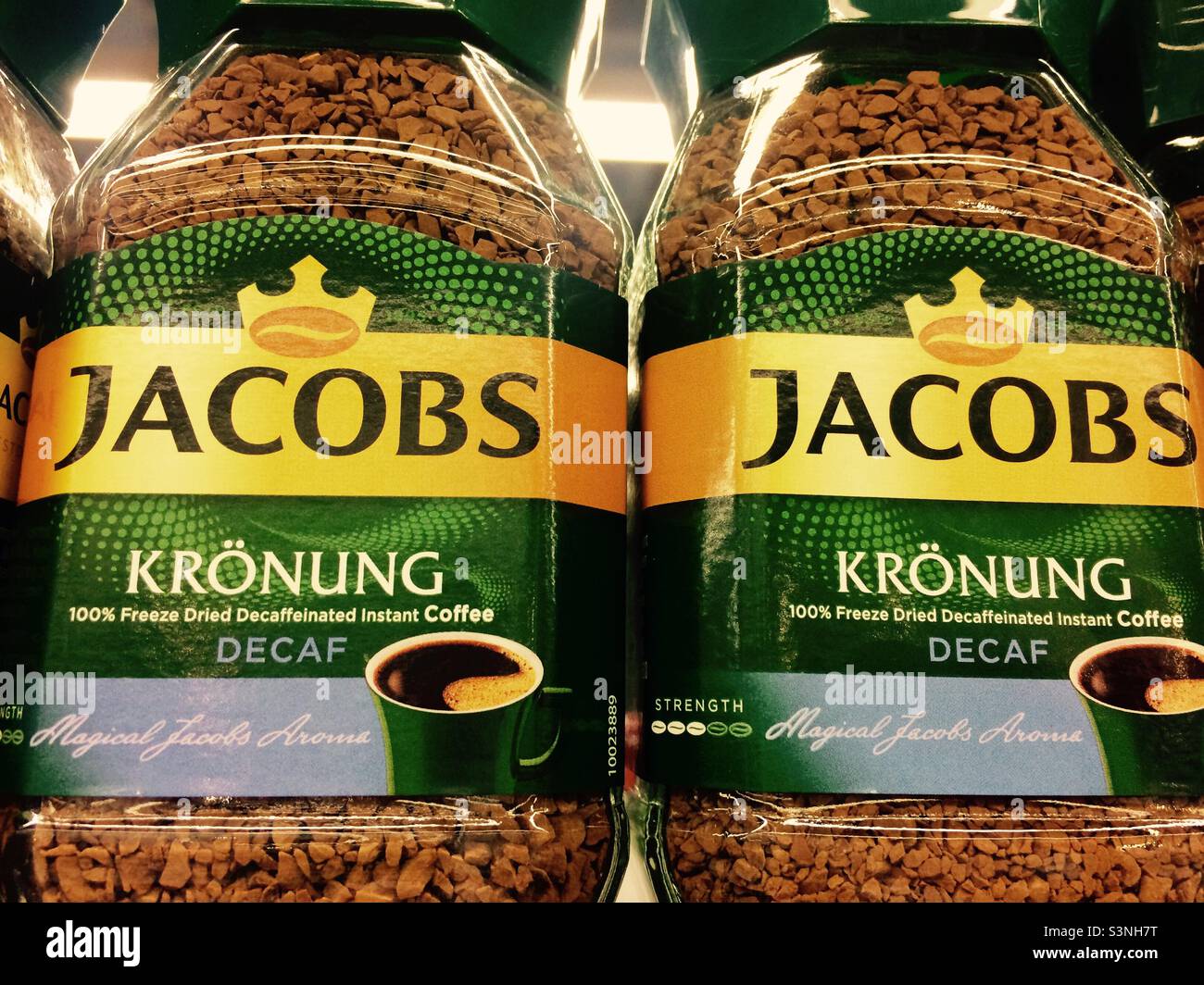 Jacobs Decaf instant freeze-dried coffee jars on a supermarket shelf ...