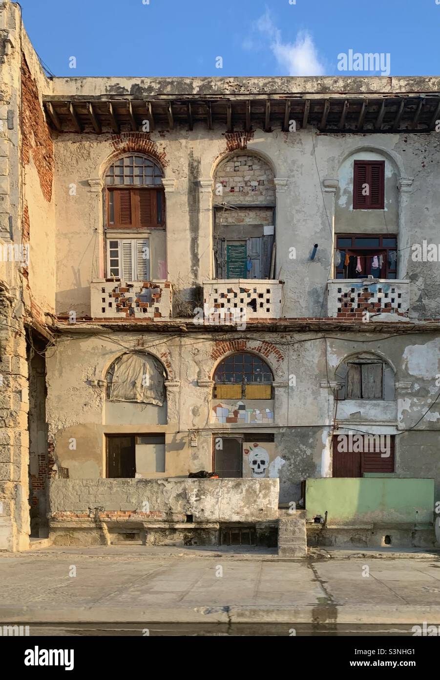Façade of old rundown building in Old Havana, Havana, Cuba. Urban decay ...