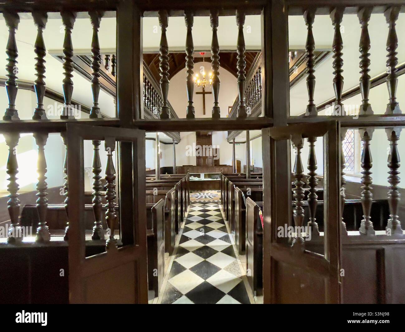A view down the aisle of the Cromwellian chapel at Littlecote house ...
