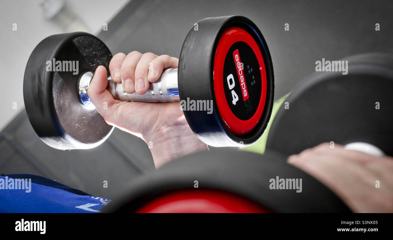 Young unidentifiable female using exercise weights in a gym workout ...