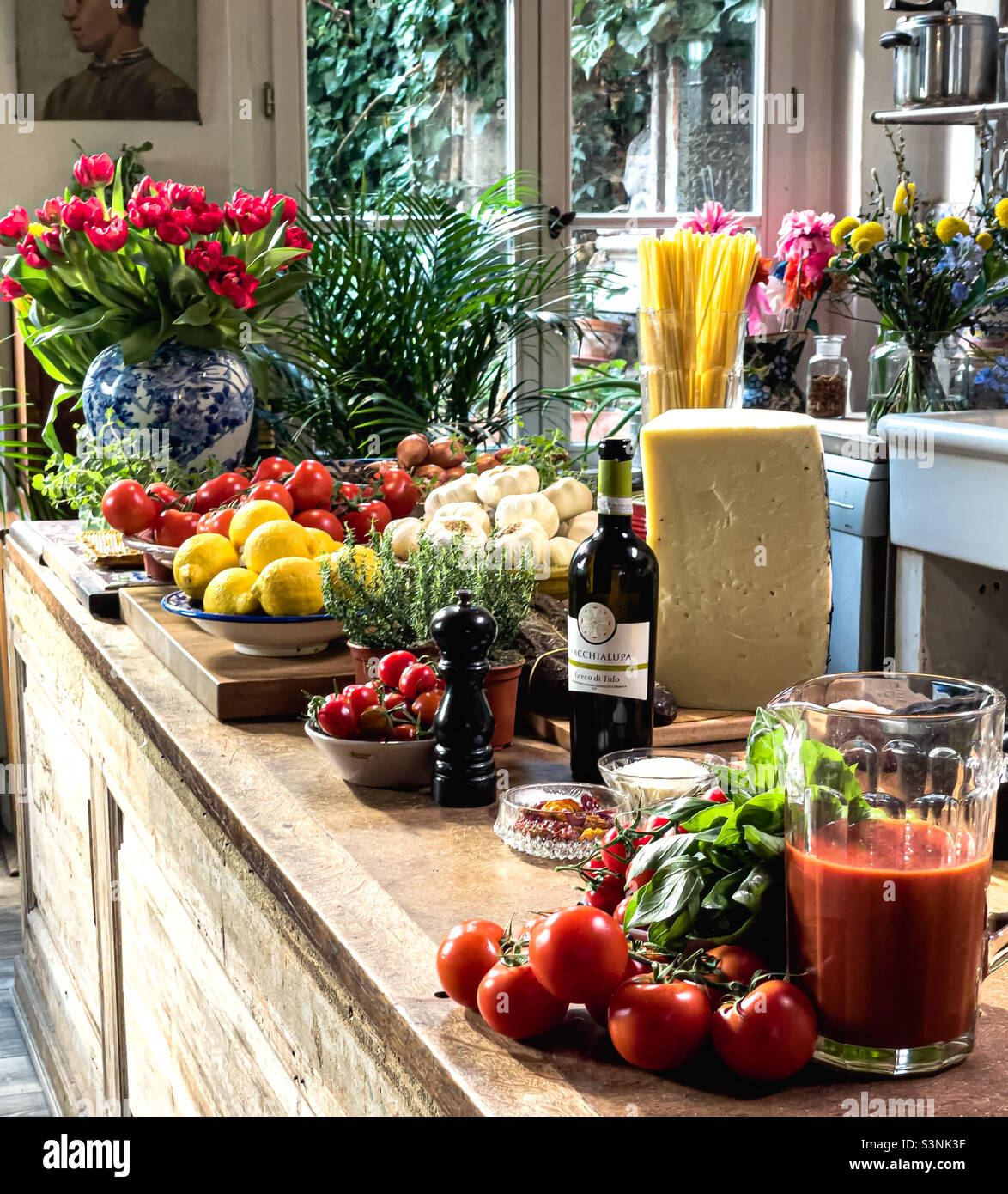 Fresh ingredients on a kitchen countertop for making a homemade meal ...
