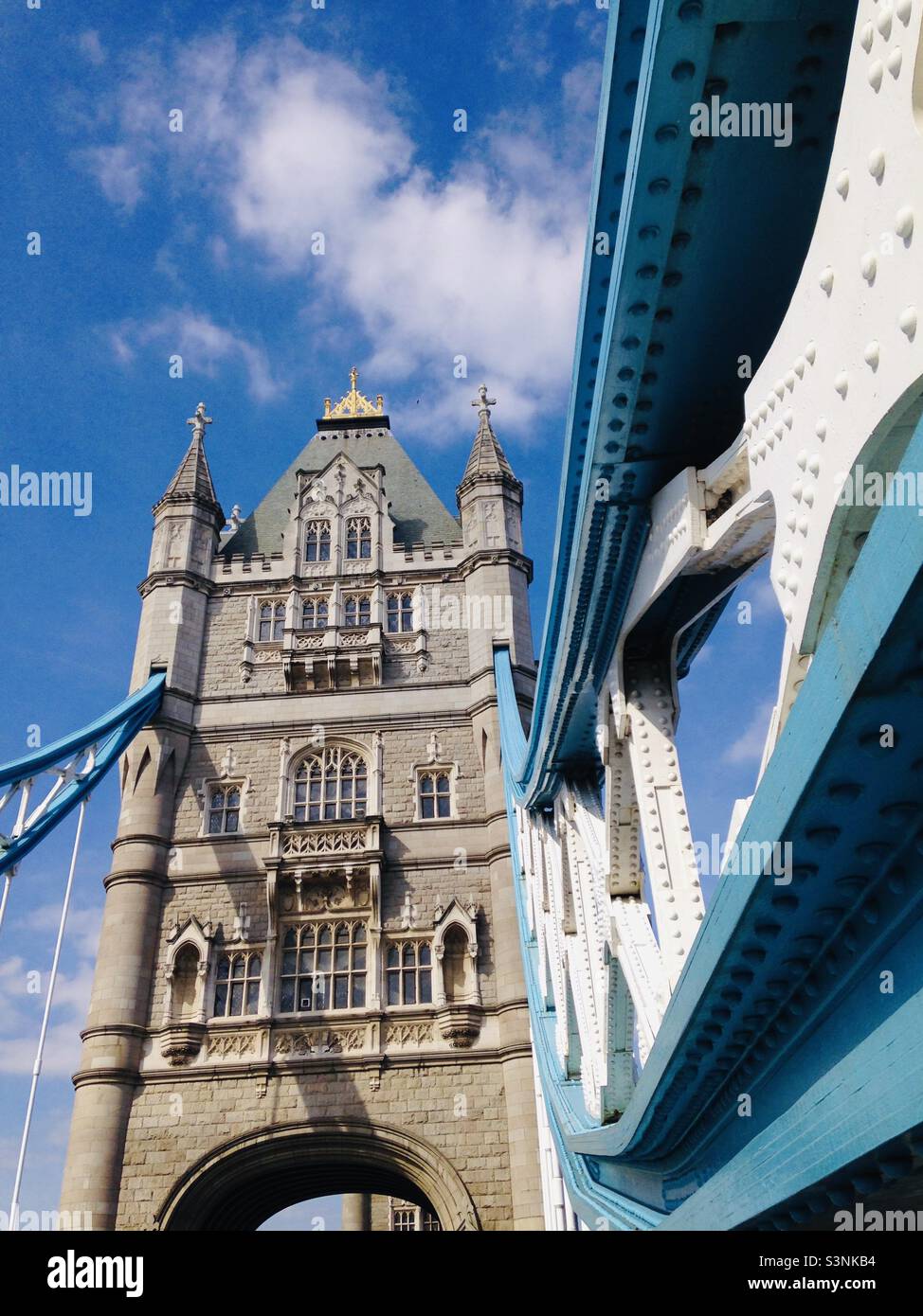 An alternative perspective of Tower Bridge in London with blue skies ...