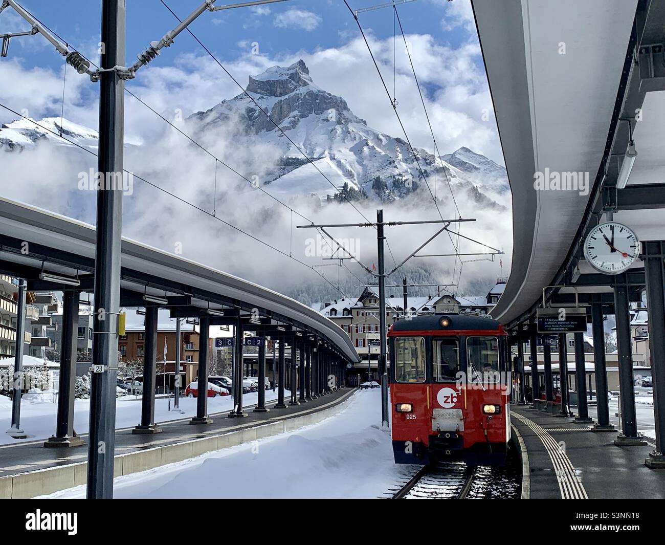 SBB Train at Engelberg station with Hahnen mountain in the background ...