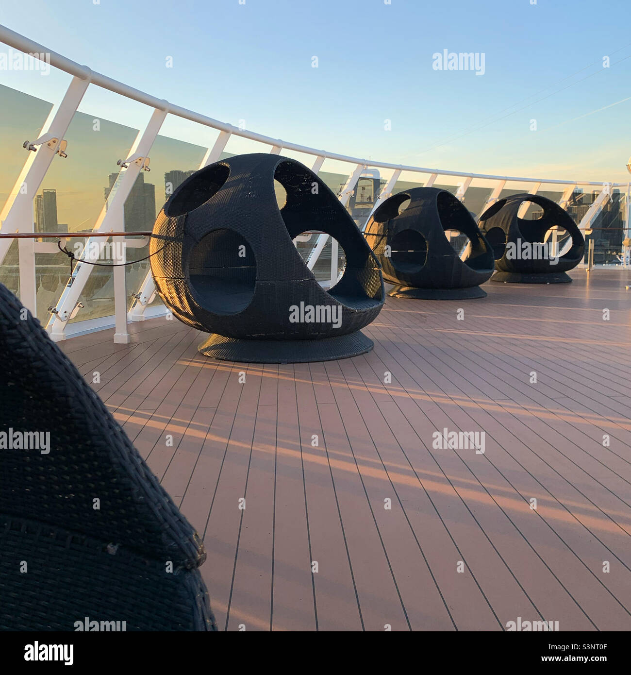 Solarium, MSC Divina cruise ship, skyscrapers in the background while ...