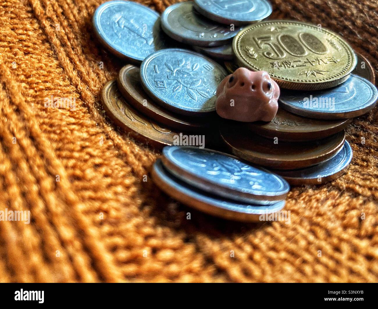 Pink porcelaine frog sitting on Japanese yen coins with an orange/brown ...