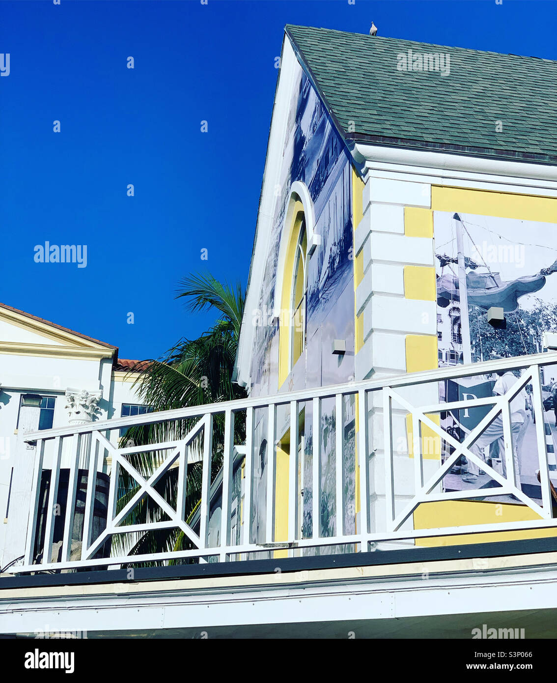 January, 2022, detail of a yellow building in Nassau, Bahamas, North ...