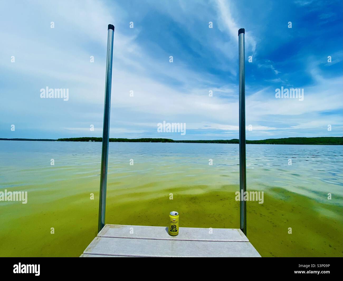 An abstract view of the end of a dock overlooking Michigan lake Stock ...