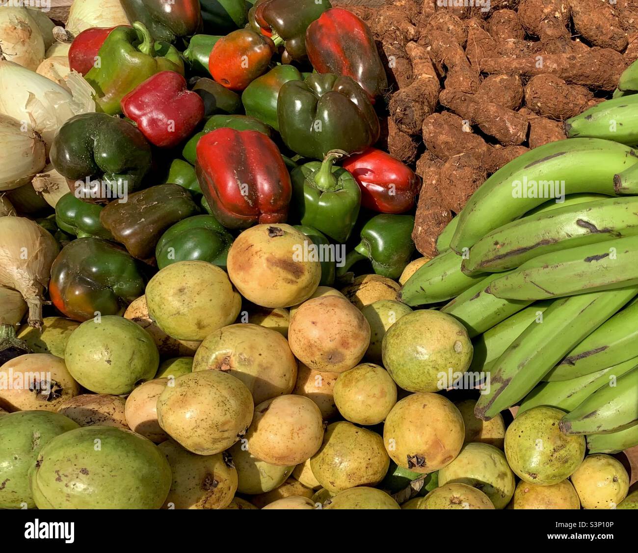 Aerial view of organic food sold on a market in Havana, Cuba. Guava ...