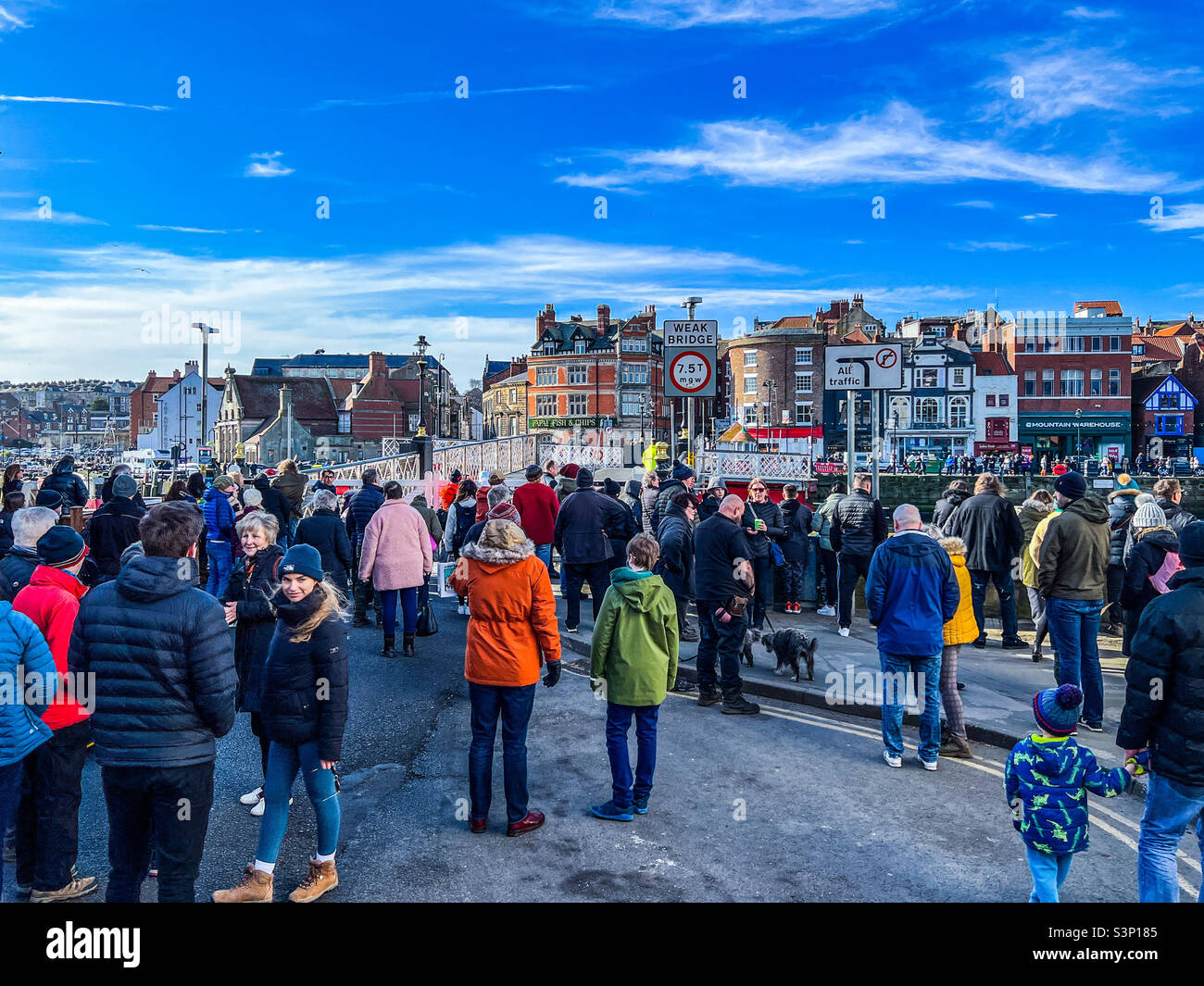 Large crowd waiting for swing bridge in Whitby to open to cross Stock ...