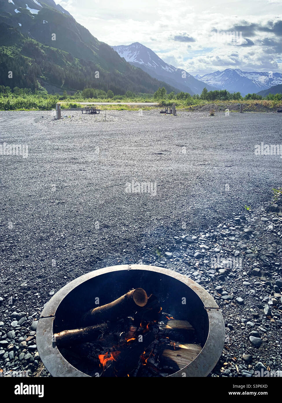 Campfire at a campground new Seward, AK along the Resurrection River ...