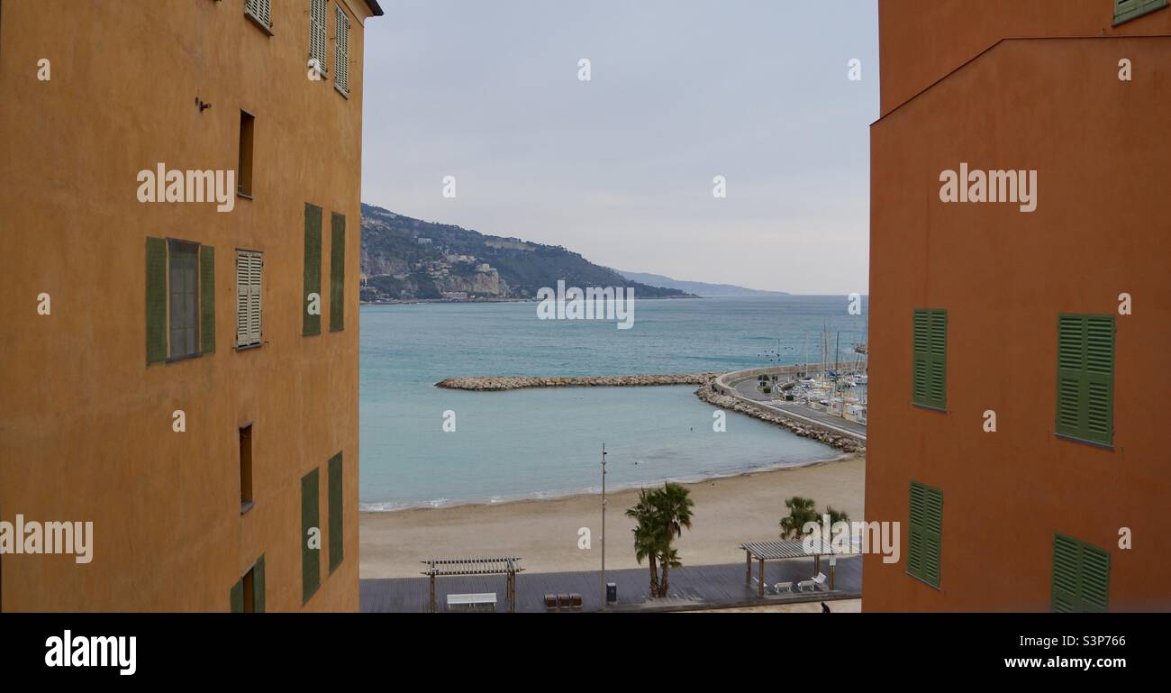 A framed view of Sablettes beach in Menton France Stock Photo - Alamy