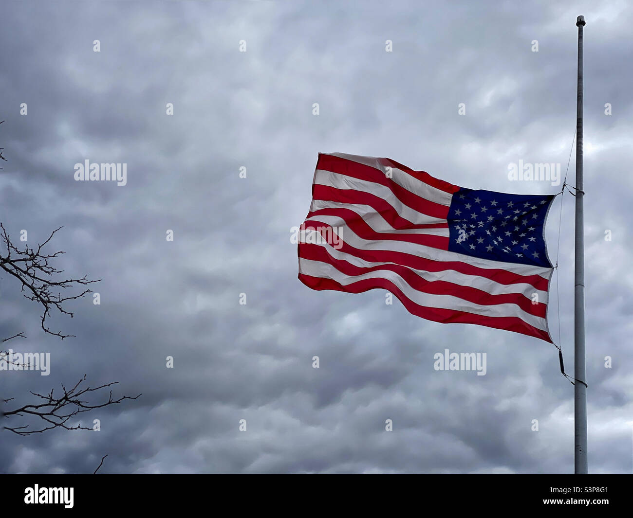 American flag flying at half mast and bare tree branches against a ...