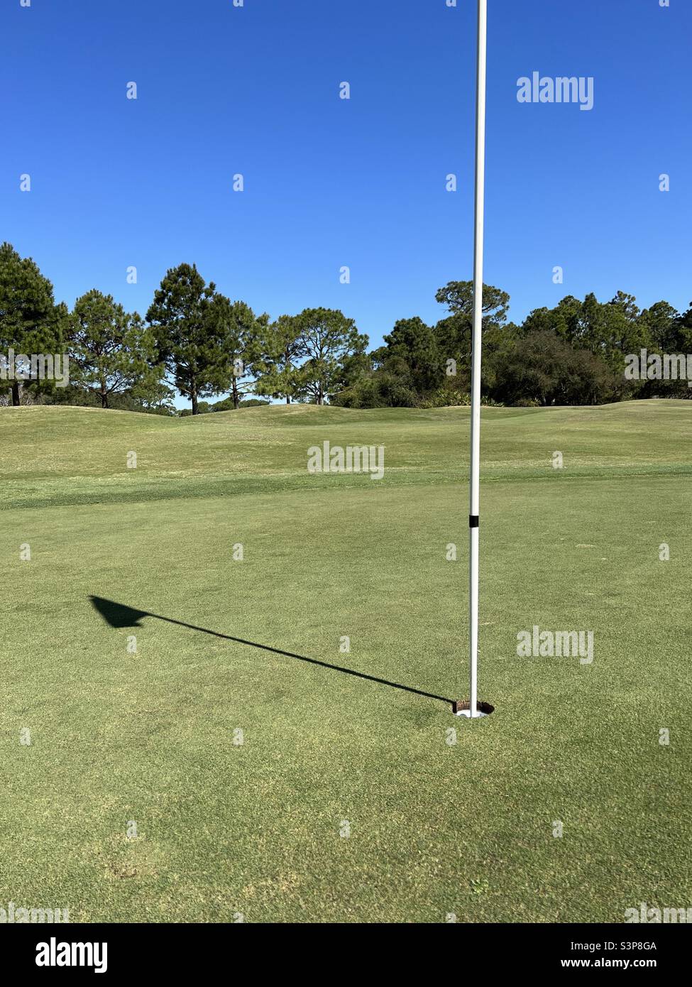 Golf course with flag pole and shadow on grass Stock Photo - Alamy