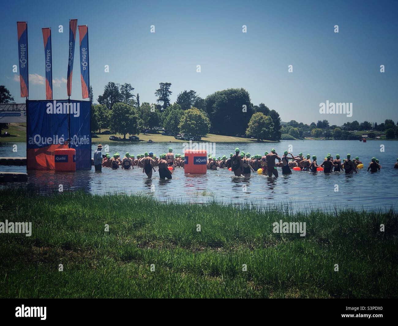 Swimmers entering the water for the annual Aquelle Midmar Mile 2022 ...