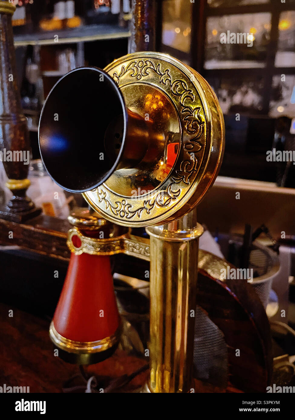 Vintage candlestick phone on display at the neighborhood pub in New ...