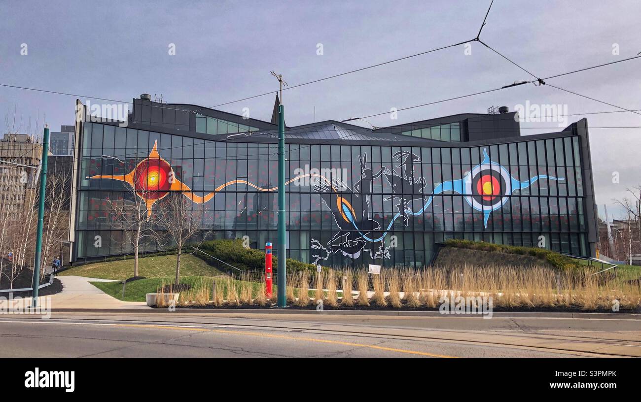Indigenous art painted on the window exterior of a Toronto building ...