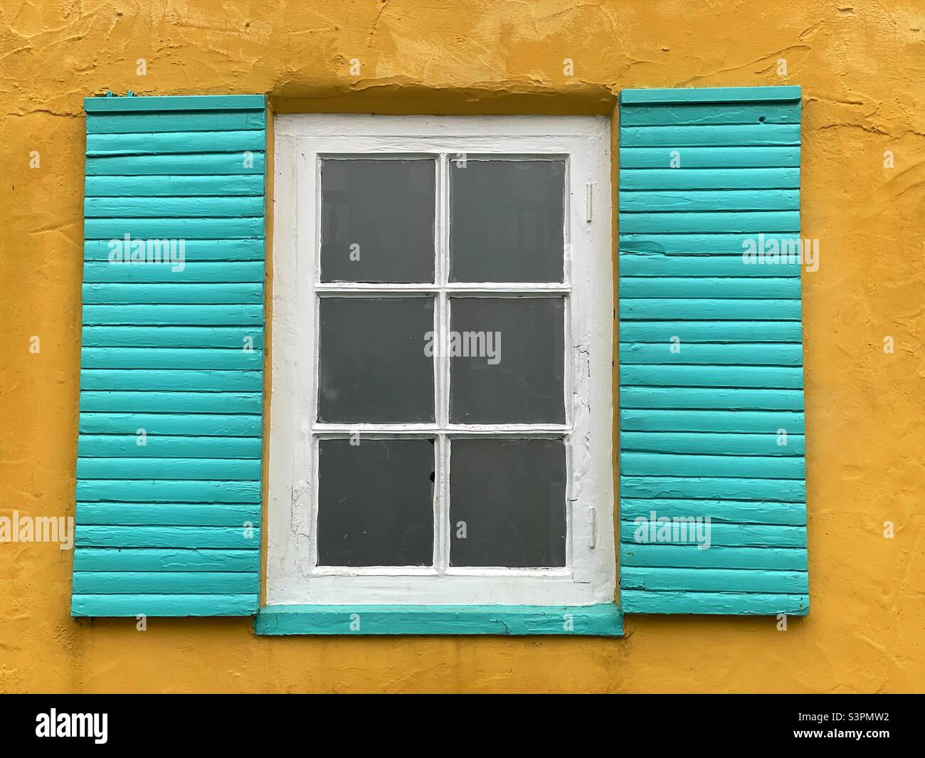 Colourful window shutters and wall at Portmeirion, Gwynedd, North Wales ...