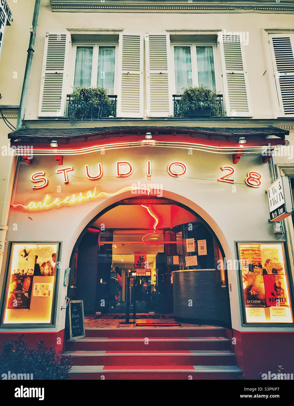 The entrance foyer of the popular Studio 28 Cinema, Montmartre, Paris ...