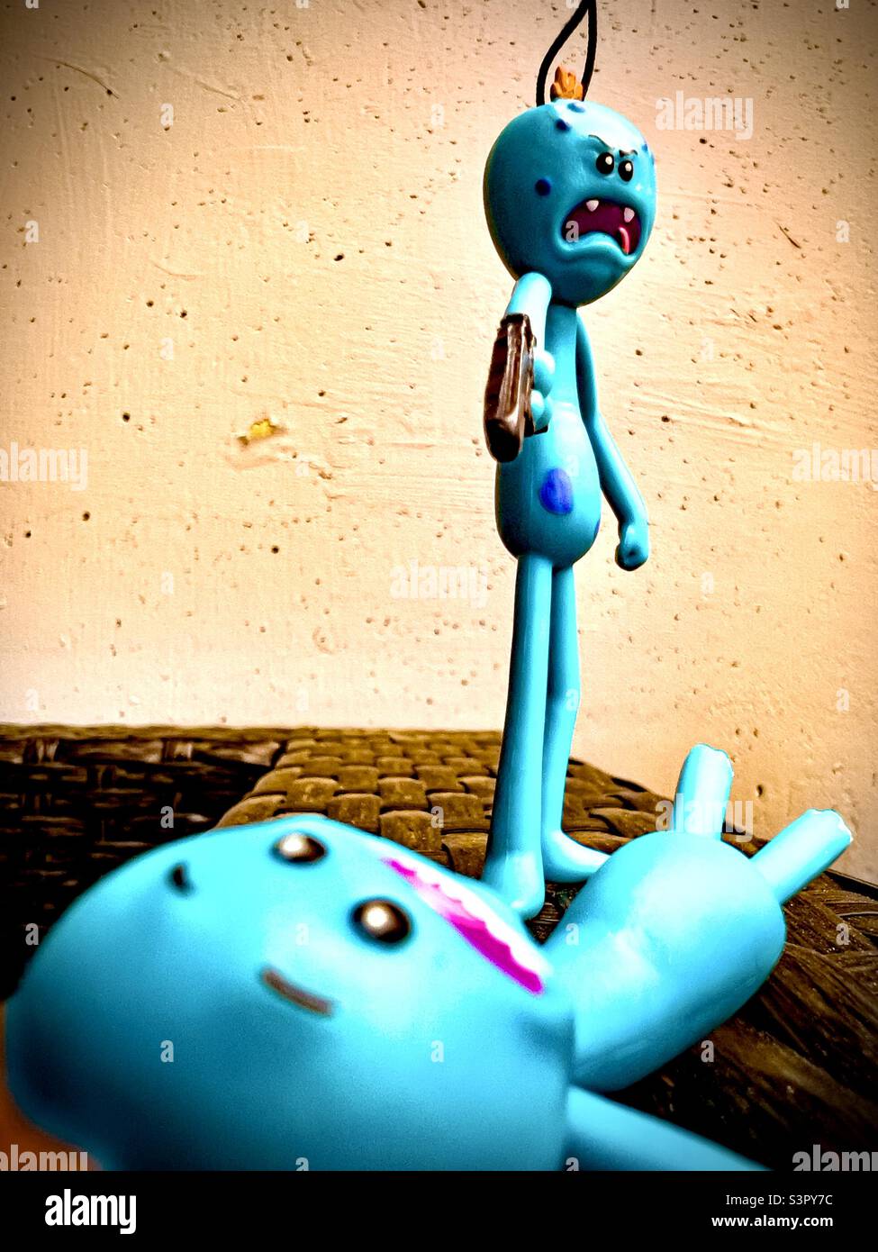 Mr Meeseeks Christmas decoration dramatized at gun point Stock Photo ...