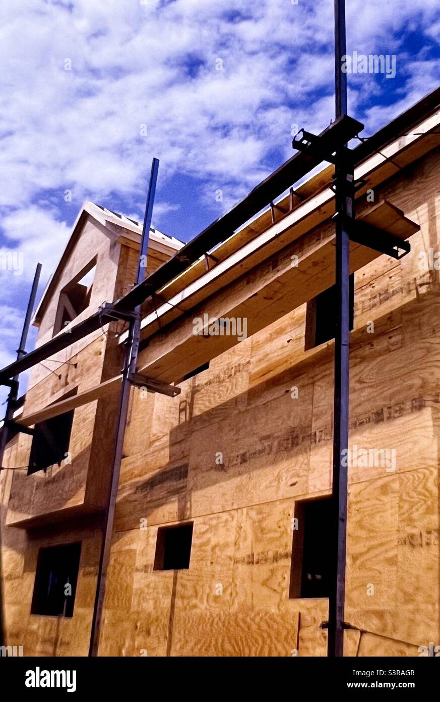 Scaffolding on wooden structure new housing construction Stock Photo ...
